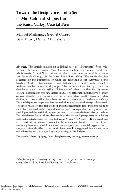 (PDF) Toward the Decipherment of a Set of Mid-Colonial Khipus from the ...