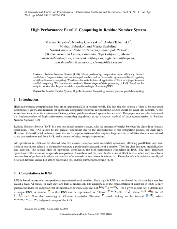(PDF) High Performance Parallel Computing in Residue Number System | Andrei Tchernykh - Academia.edu
