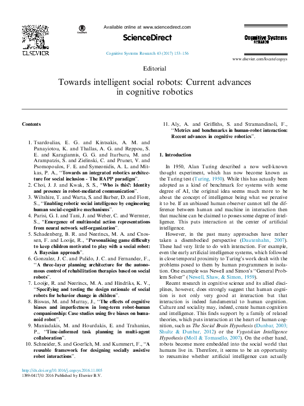 (PDF) Editorial - Towards Intelligent Social Robots: Current Advances in Cognitive Robotics