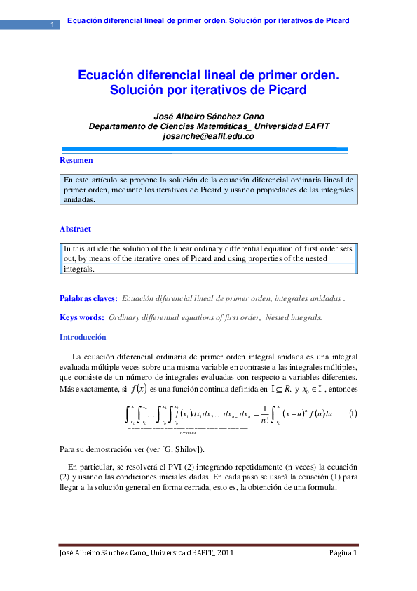 (PDF) Ecuación diferencial lineal de primer orden. Solución por iterativos de Picard
