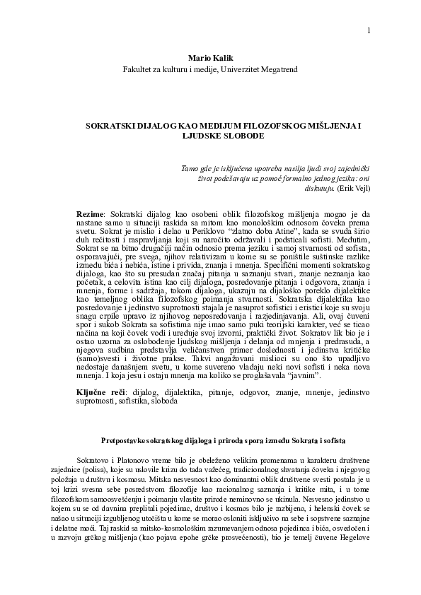 (DOC) Mario Kalik - Sokratski dijalog kao medijum filozofskog mišljenja ...