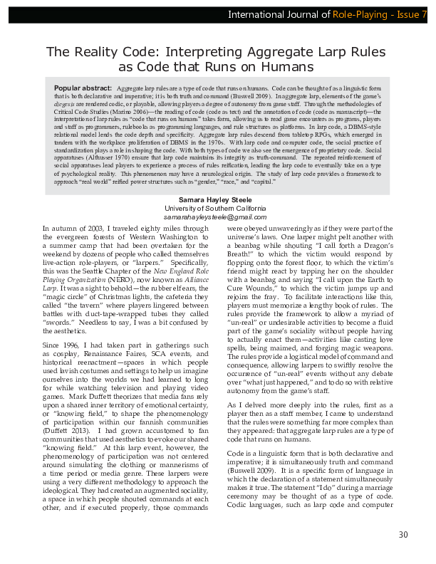 (PDF) The Reality Code: Interpreting Aggregate Larp Rules as Code that ...