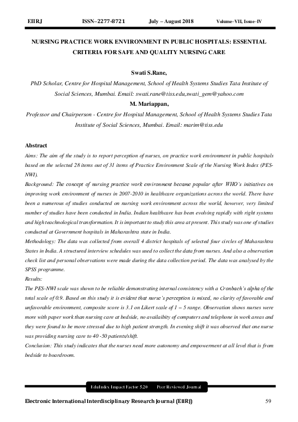 (PDF) NURSING PRACTICE WORK ENVIRONMENT IN PUBLIC HOSPITALS: ESSENTIAL ...