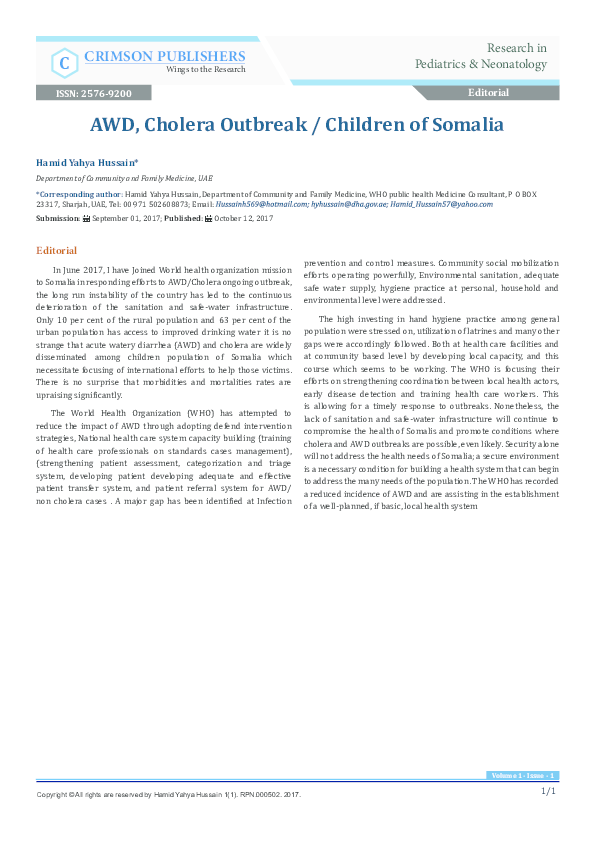 (PDF) AWD, Cholera Outbreak / Children of Somalia-Crimson Publishers