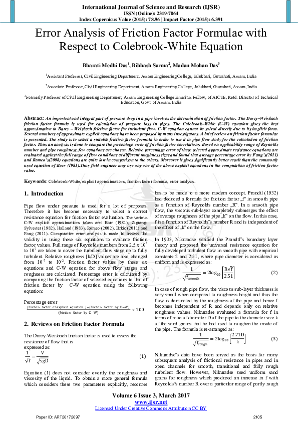 (PDF) Error Analysis of Friction Factor Formulae with Respect to ...
