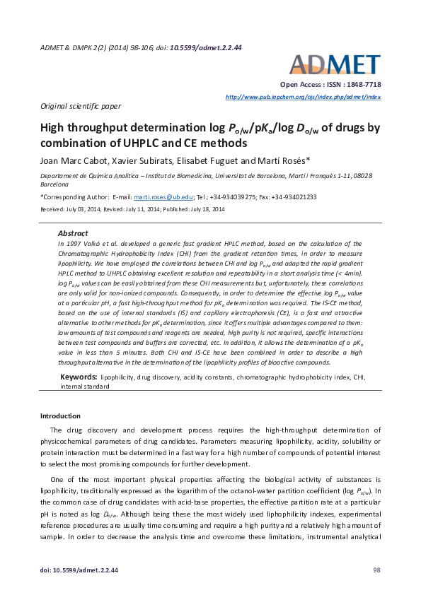 (PDF) High throughput determination log Po/w /pKa /log Do/w of drugs by ...