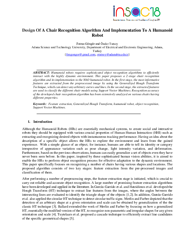 (PDF) Design Of A Chair Recognition Algorithm And Implementation To A Humanoid Robot