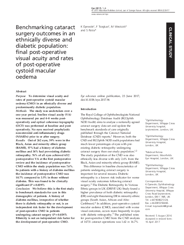 (PDF) Diabetes Increases Post-Operative CMO Risk