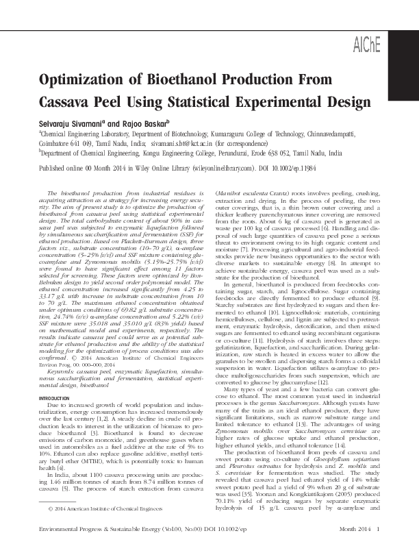Pdf I5 Optimization Of Bioethanol Production From Cassava Peel Using Statistical Pdf