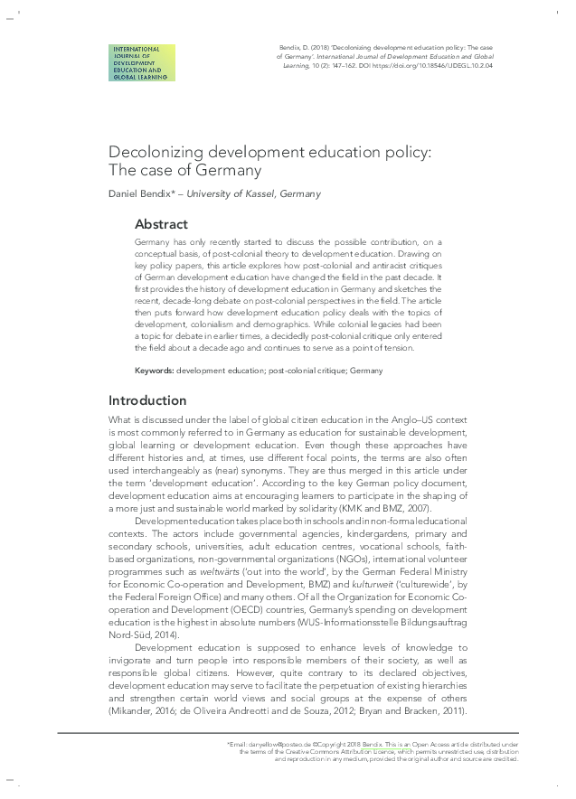 (PDF) Decolonizing development education policy: The case of Germany ...