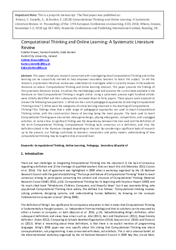 Pdf Computational Thinking And Online Learning A Systematic Literature Review