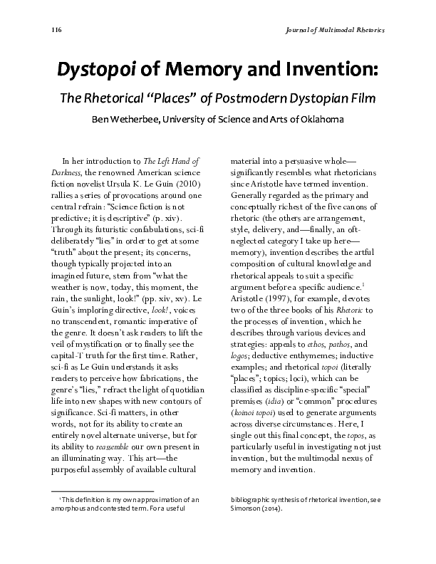 (PDF) Dystopoi of Memory and Invention: The Rhetorical "Places" of ...