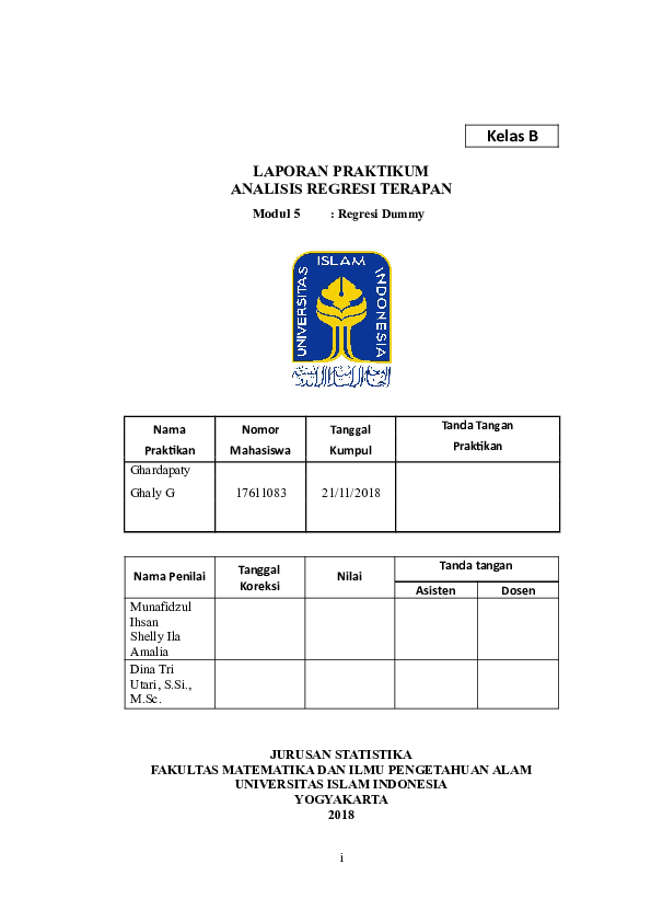 (DOC) Kelas B LAPORAN PRAKTIKUM ANALISIS REGRESI TERAPAN Modul 5 : Regresi Dummy