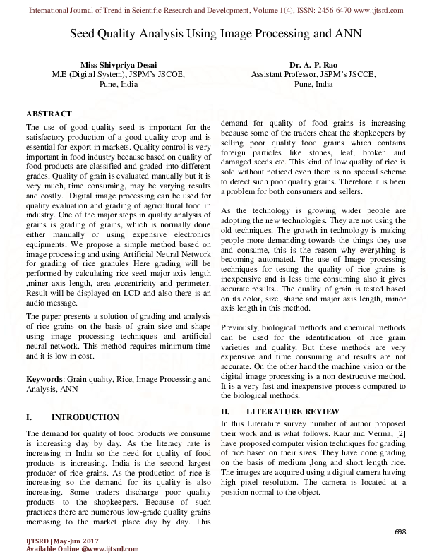 (PDF) Seed Quality Analysis Using Image Processing and ANN | siddharth ...