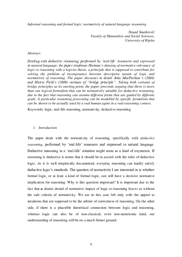 Doc Informal Reasoning And Formal Logic Normativity Of Natural