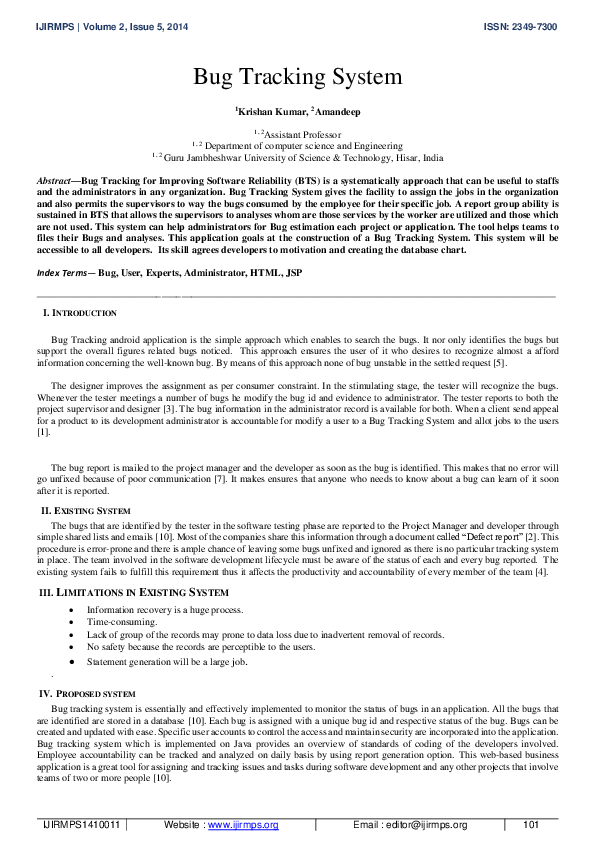 PDF Bug Tracking System IJIRMPS International Journal Academia edu PDF Bug Tracking System IJIRMPS International Journal Academia edu