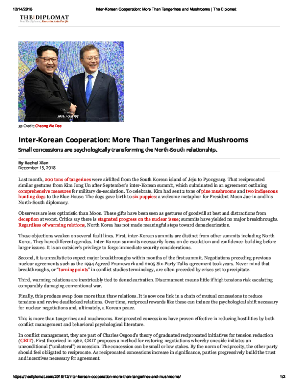 (PDF) Inter-Korean Cooperation: More Than Tangerines and Mushrooms