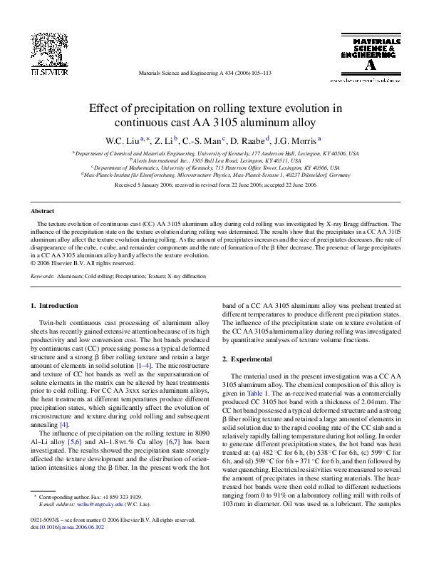 (PDF) Effect of precipitation on rolling texture evolution in ...