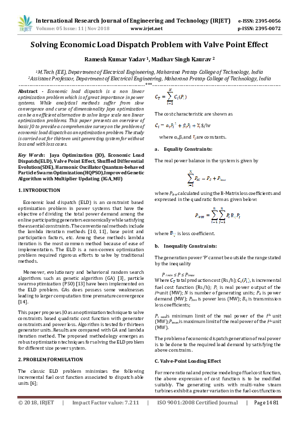 Pdf Irjet Solving Economic Load Dispatch Problem With Valve Point Effect
