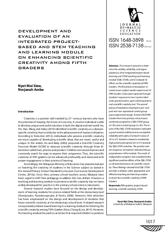 Pdf Development And Evaluation Of An Integrated Project Based And Stem Teaching And Learning