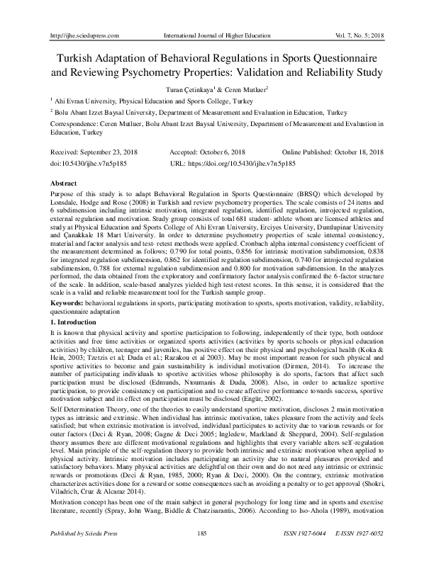 (PDF) Turkish Adaptation of Behavioral Regulations in Sports Questionnaire and Reviewing ...