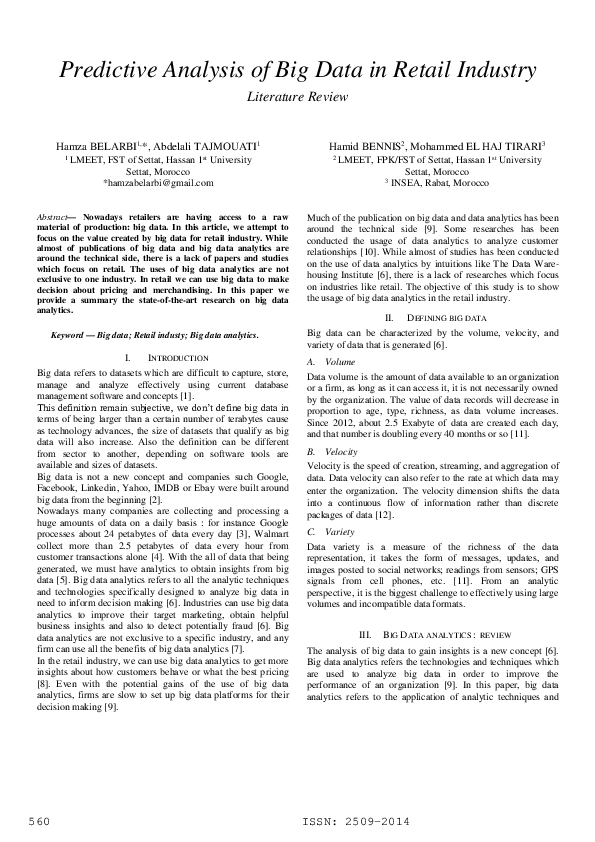 (PDF) Predictive Analysis of Big Data in Retail Industry Literature Review