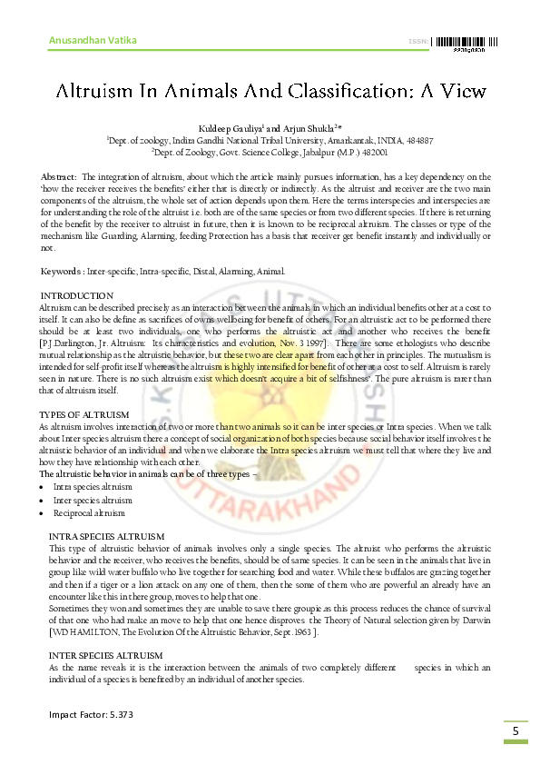 (PDF) Altruism in animals and classification : A view
