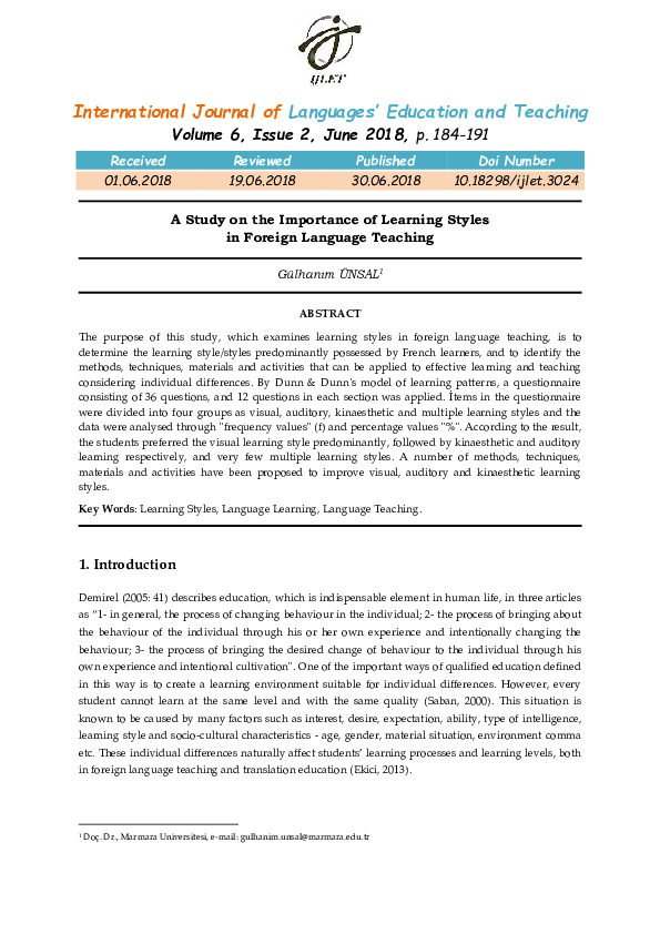 (PDF) A Study on the Importance of Learning Styles in Foreign Language ...