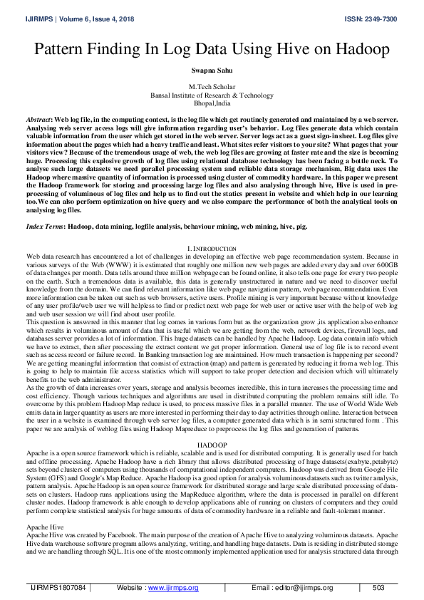 (PDF) Pattern Finding in Log Data using Hive on Hadoop