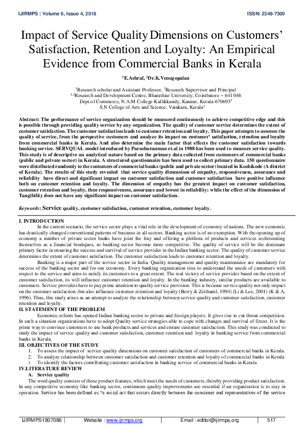 (PDF) Impact of Service Quality Dimensions on Customers' Satisfaction, Retention and Loyalty: An ...