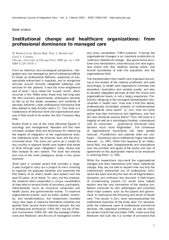 (PDF) Institutional Change and Healthcare Organizations: From Professional Dominance to Managed ...
