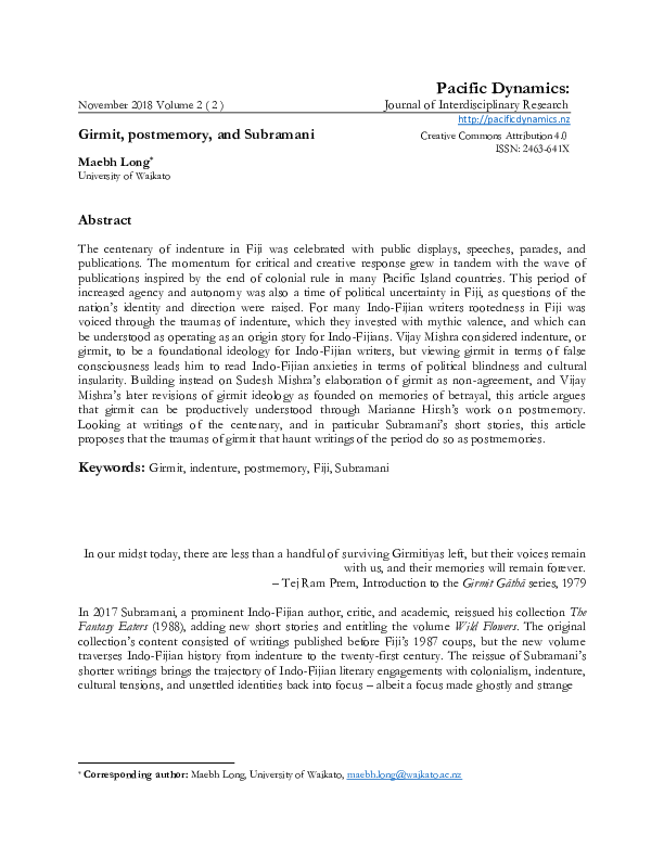 (PDF) Girmit, postmemory, and Subramani', in Pacific Dynamics 2.2 (2018)