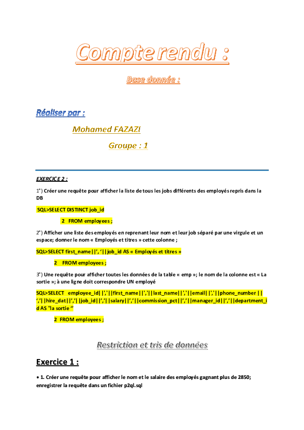 (DOC) Compte rendu : Base donnée : Réaliser par