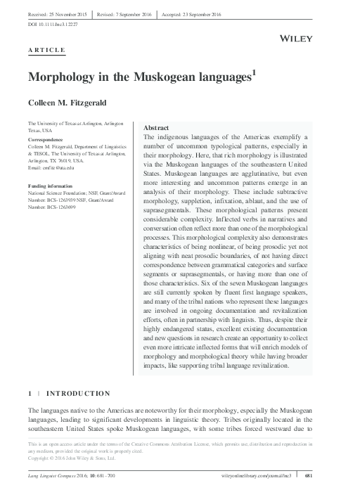 (PDF) Morphology in the Muskogean languages
