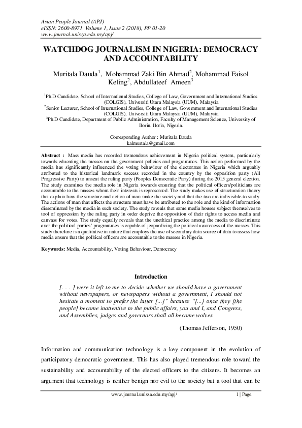 (PDF) WATCHDOG JOURNALISM IN NIGERIA: DEMOCRACY AND ACCOUNTABILITY