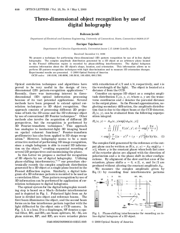 Pdf Three Dimensional Object Recognition By Use Of Digital Holography