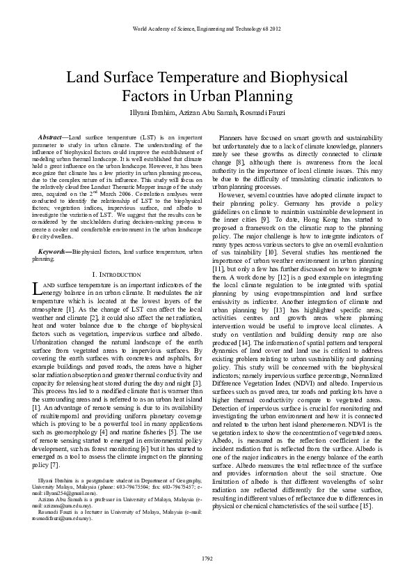 (PDF) Land Surface Temperature and Biophysical Factors in Urban Planning