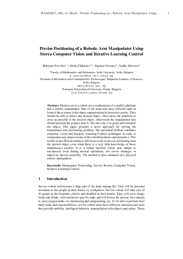 Pdf Precise Positioning Of A Robotic Arm Manipulator Using Stereo Computer Vision And 5317
