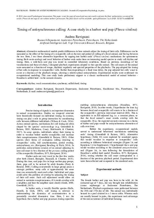 (PDF) Timing of antisynchronous calling: A case study in a harbor seal ...