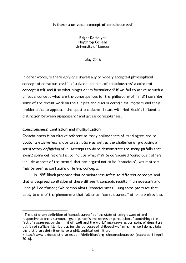 (PDF) Is there a univocal concept of consciousness?