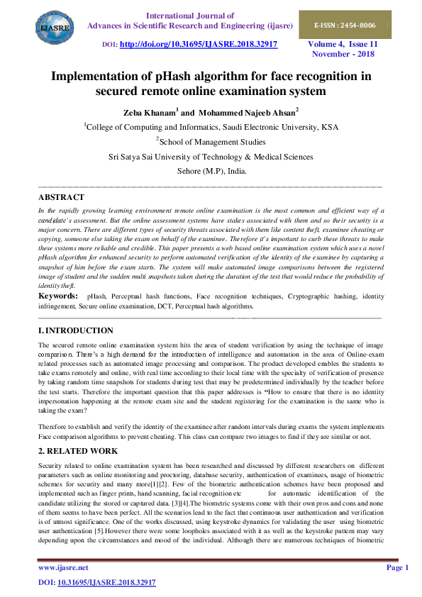 (PDF) Implementation of the pHash algorithm for face recognition in a ...