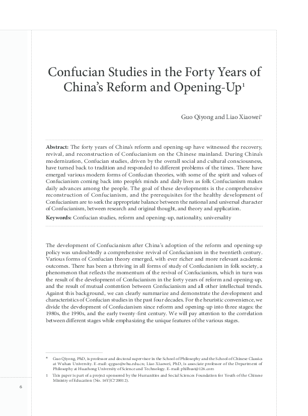 (PDF) Confucian Studies in the Forty Years of China's Reform and Opening-Up