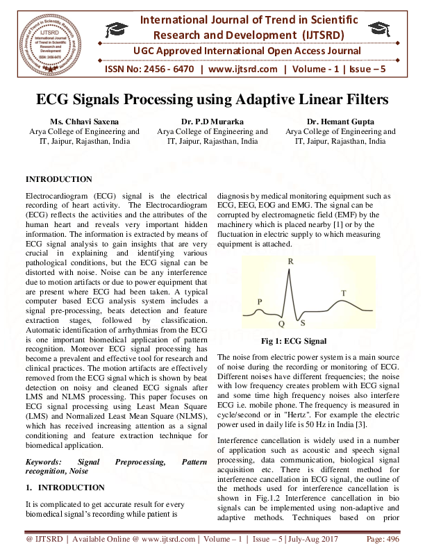 (PDF) ECG Signals Processing using Adaptive Linear Filters