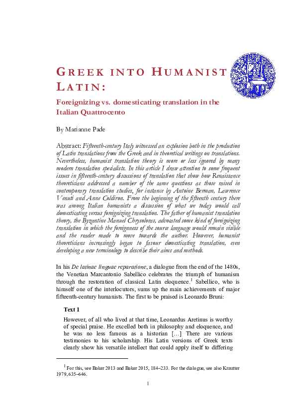 (PDF) Greek into Humanist Latin: Foreignizing vs. domesticating ...