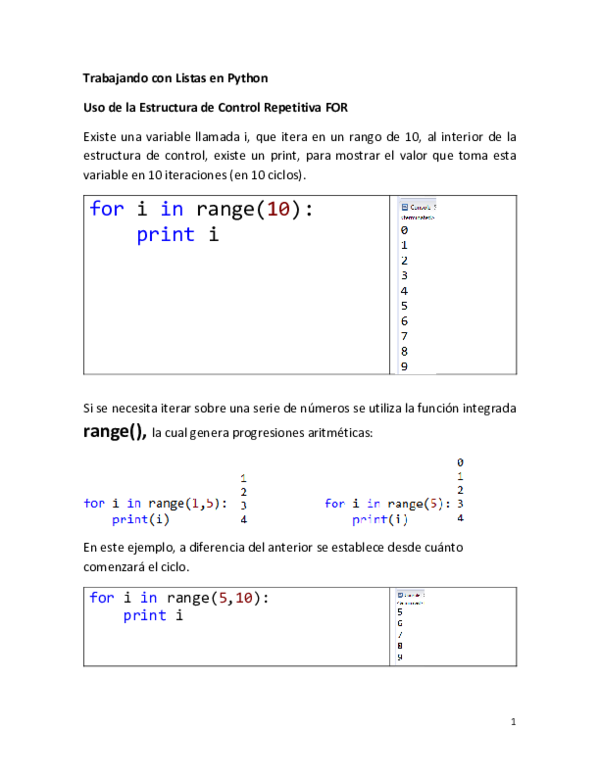(DOC) Trabajando con Listas en Python Uso de la Estructura de Control Repetitiva FOR