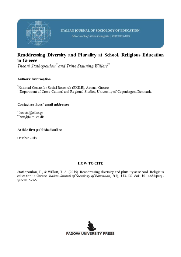 (PDF) Readdressing diversity and plurality at school. Religious ...