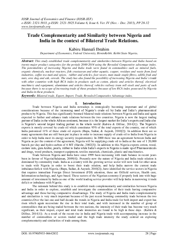 (PDF) Trade Complementarity and Similarity between Nigeria and India in ...