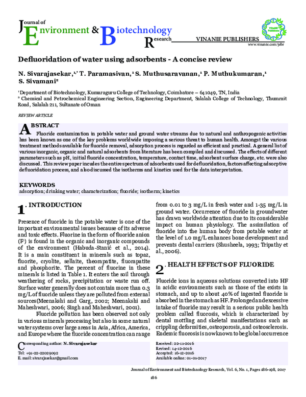 (PDF) Defluoridation of water using adsorbents -A concise review A BSTRACT