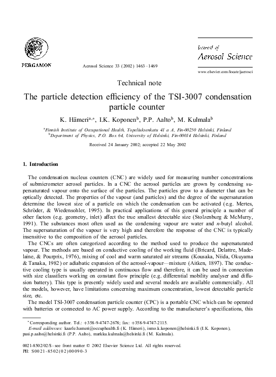 (PDF) The particle detection efficiency of the TSI-3007 condensation particle counter