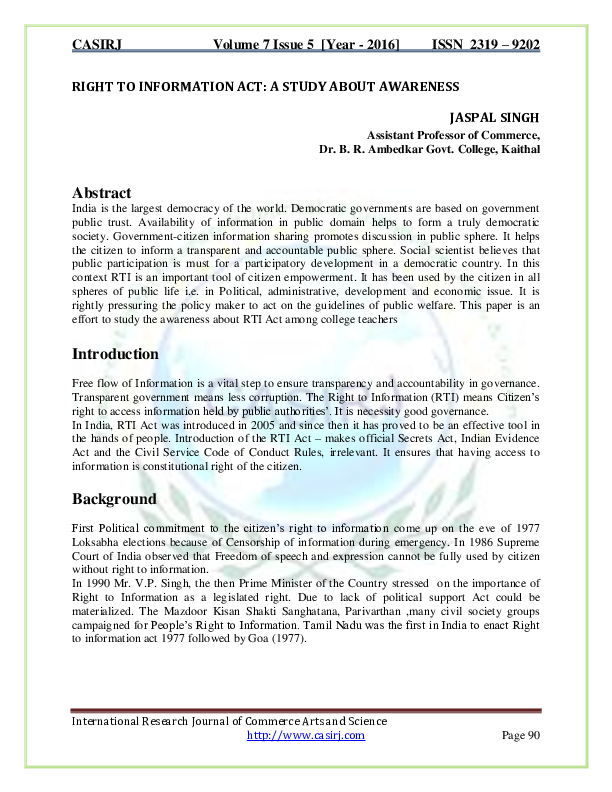 (PDF) RIGHT TO INFORMATION ACT: A STUDY ABOUT AWARENESS